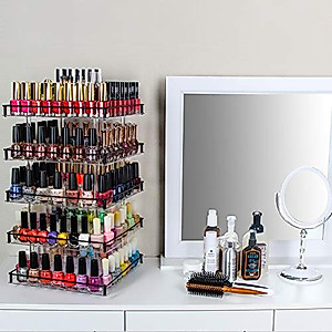 J JACKCUBE DESIGN Nail Polish Organizer, 5 Tier Acrylic 360 Rotating Display Rack Stand Makeup Cosmetics Storage Box Carousel Shelf with Black Iron Guard, Hold Up to 310 – MK302-5