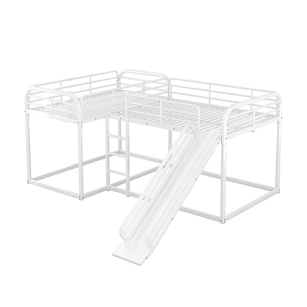 CITYLIGHT Metal Quad Bunk Beds for 4, Full and Twin Size L-Shaped Bunk Beds with Slide and Ladder, 4 Bunk Beds for Kids Boys Girls and Multi Children's Family,White