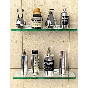 GeekDigg 2 Sets Glass Shelves for Bathroom, No Drilling Shower Caddy Glass Shelves for Wall Glass Bathroom Storage Organizer Shelf with Aluminum Bracket for Bathroom, Shower, Kitchen, Laundry