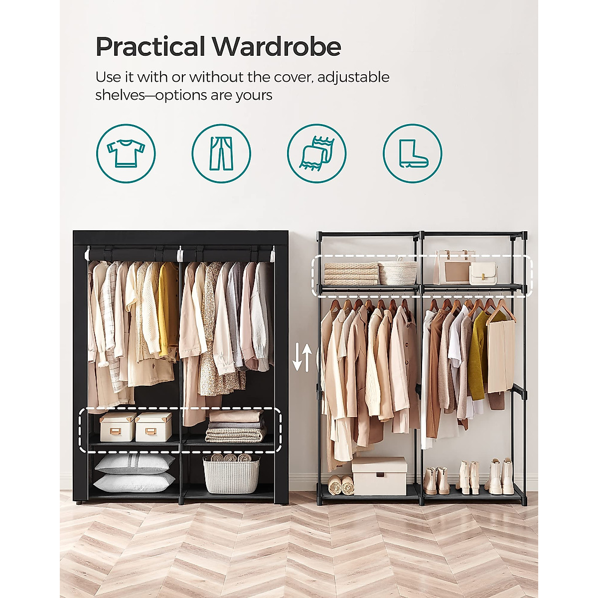 SONGMICS Closet Wardrobe, Portable Closet for Bedroom, Clothes Rail with Non-Woven Fabric Cover, Clothes Storage Organizer, 55.1 x 16.9 x 68.5 Inches, Black URYG02BK