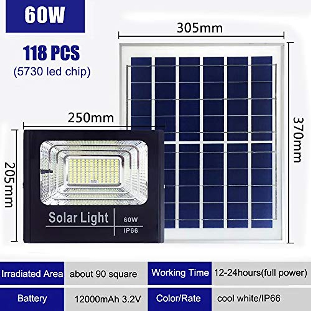 BSOD 60W Solar Flood Lights Outdoor Spotlight Max 7670LM IP66 Waterproof with Remote Controller,LED Floodlight Built-in Battery,Solar Panel Lamp for Garden,Street, Garage, Pathway, Pool, Deck, Yard