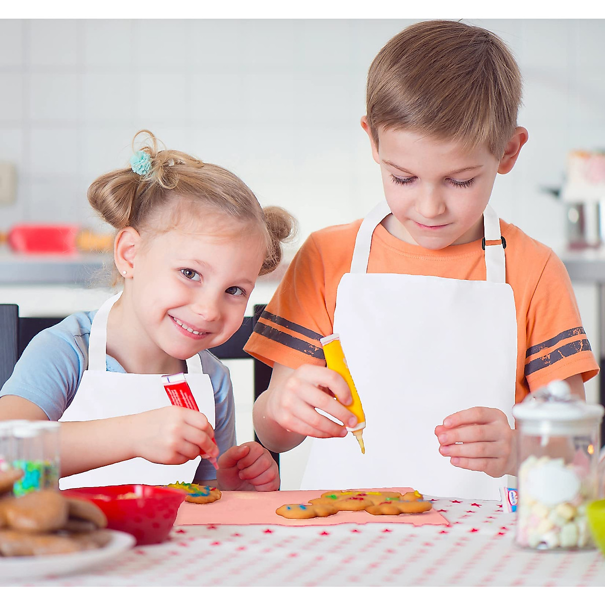 MissOwl 8 Pcs Waterproof Kids Apron with Pockets Chef Artists Child Bib Cooking Baking Painting for Boys and Girls White