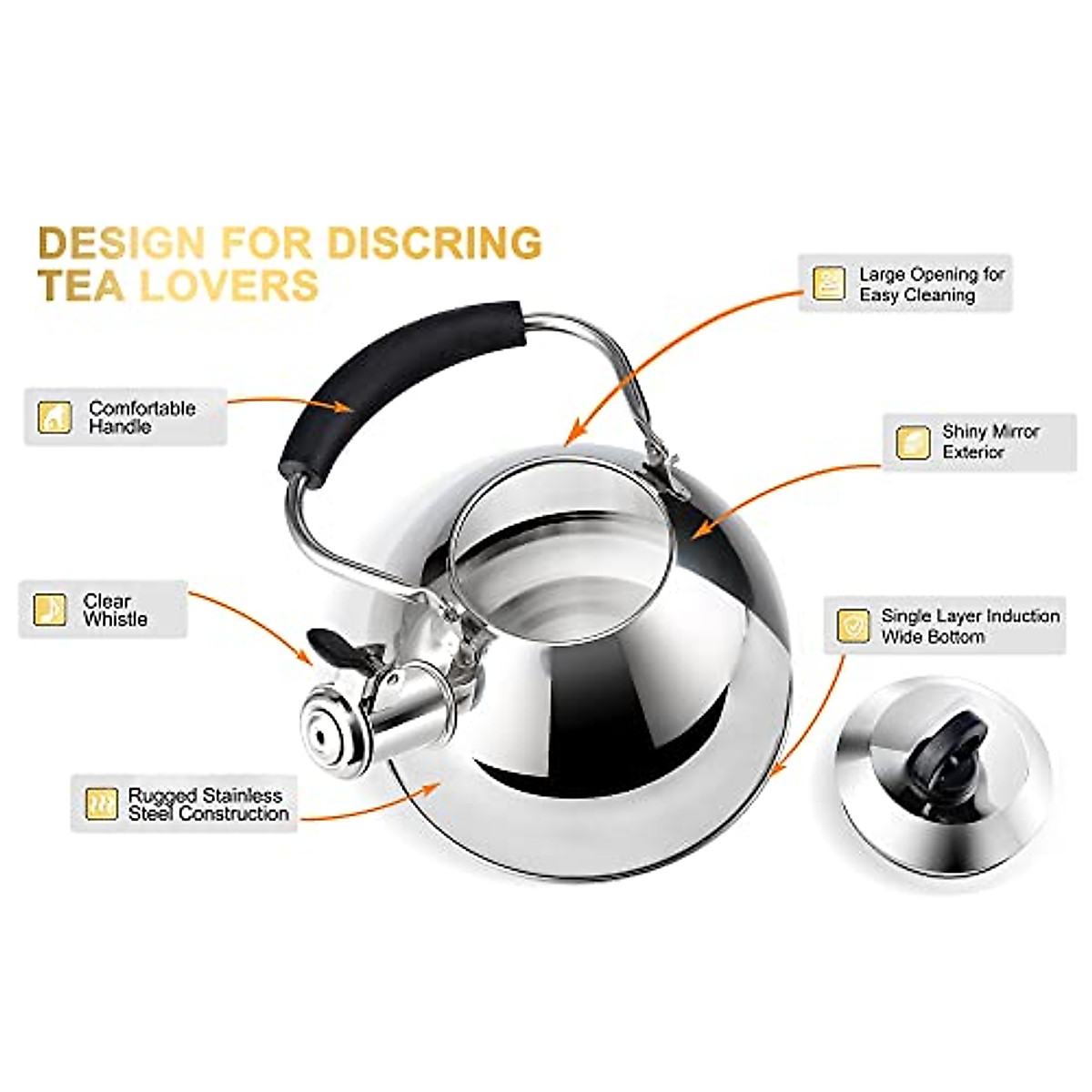 Tea Kettle Stovetop - HIHUOS 2.64QT Whistling Tea Pots for Stove Top - Sleek Teapots with Universal Base, Mirror Stainless Steel Teakettle with Cool Grip Bakelite Handle