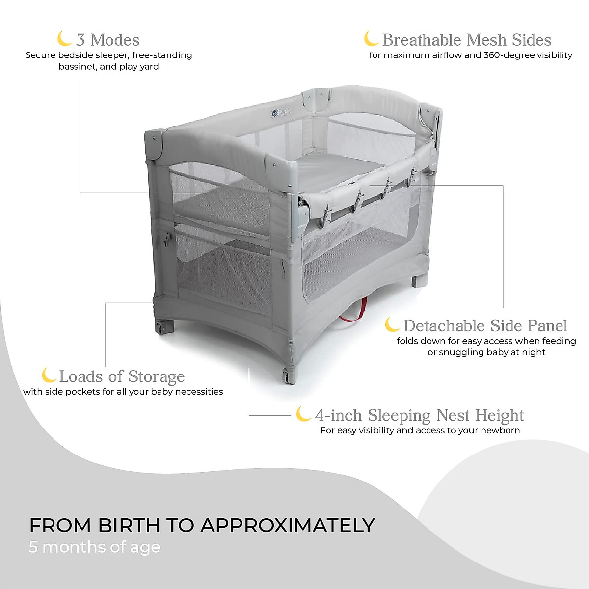 Arm’s Reach Ideal Ezee 3 in 1 Co-Sleeper Folding Bedside Bassinet and Play Yard Featuring Breathable Mesh Sides with Side Pockets for Storage and 4-Inch Sleeping Nest, Gray