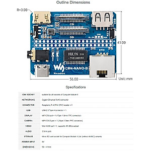 Nano Base Board (B) for Compute Module 4 Lite/eMMC,with Raspberry Pi 40PIN GPIO Header,Gigabit Ethernet RJ45,MIPI CSI-2 Port Connector 3.5mm Jack Audio