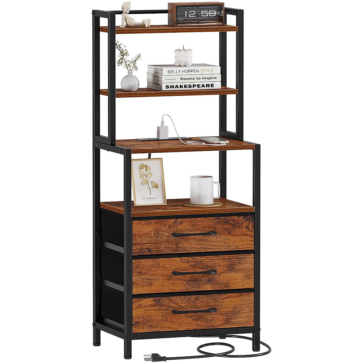 Snughome Tall Nightstand with Charging Station and Drawers, Night Stand with 4-Tier Storage Shelves, Bedside Nightstand Table, End Table Bed Side Table for Bedroom, Home Office, Living Room, Dorm