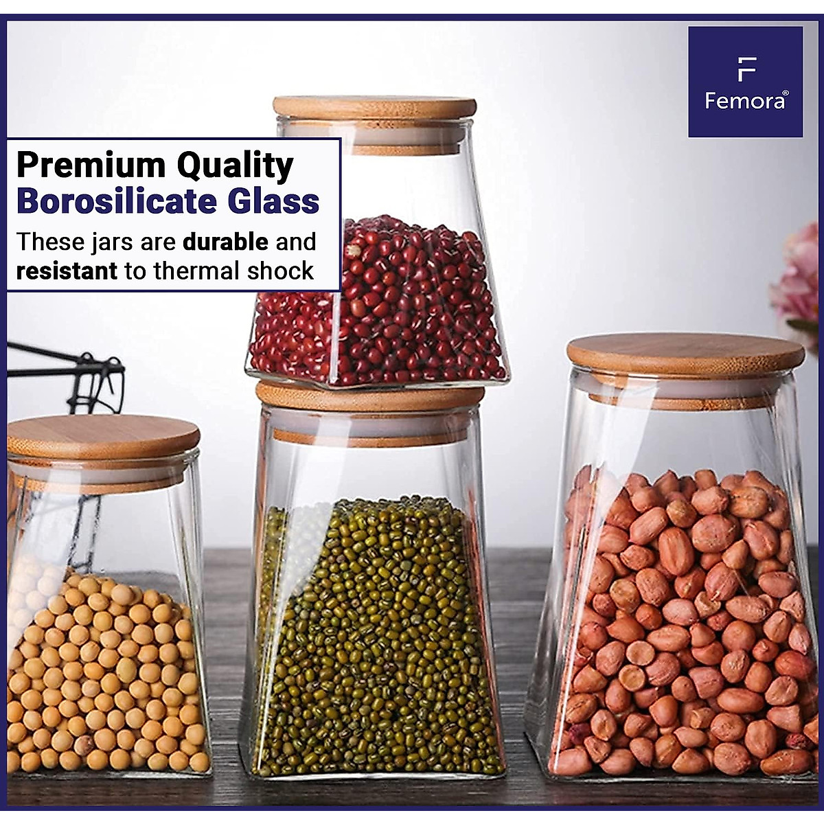 Femora Kitchen Storage Jars Borosilicate Glass Jars for Kitchen With Wooden Lid Air Tight Jar, 900 ML, Pack of 1