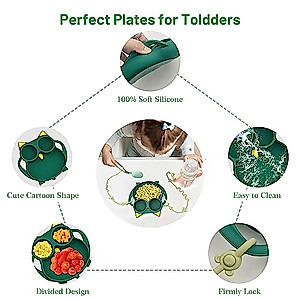 Silicone Suction Plate with 2 Adjustable Straps, Non-slip Divided Kids Plate Set for Baby Toddlers, Dishwasher Safe (Owl, Green)