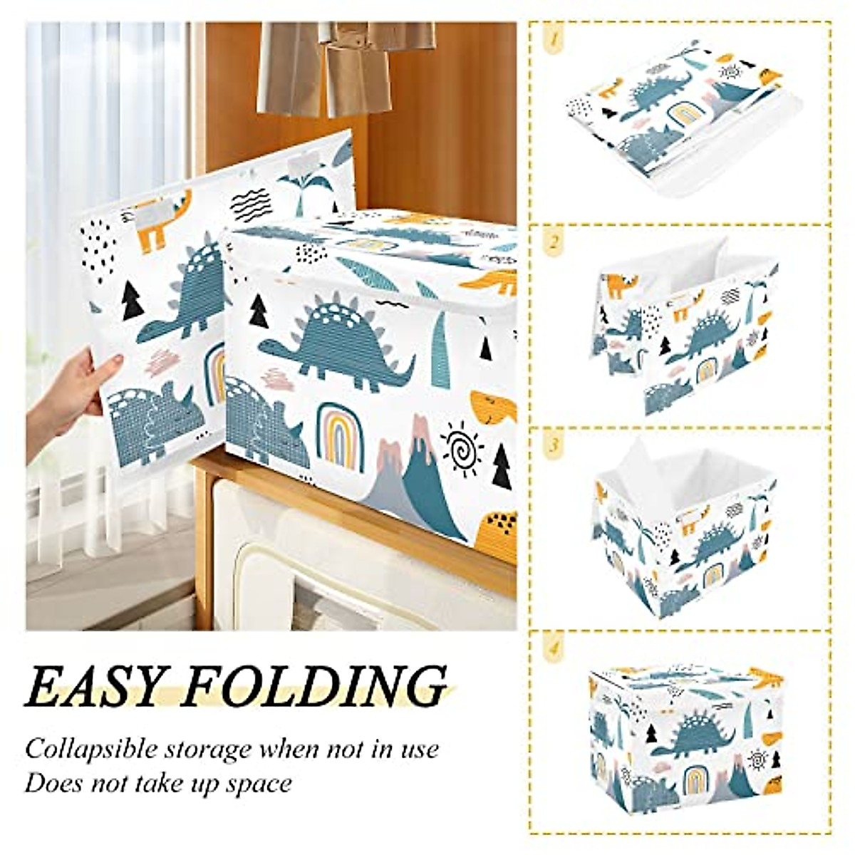 SUABO Dinosaur Cartoon Funny Dinosaur Storage Bin with Lid Large Oxford Cloth Storage Boxes Foldable Home Cube Baskets Closet Organizers for Nursery Bedroom Office