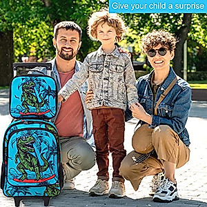 3PCS Rolling Backpack for Boys, Kids Roller Wheels Bookbag, Wheeled School Bag with Lunch Bag - Dinosaur