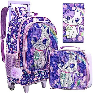 UFNDC 4PCS Rolling Backpack for Girls, Kids Cat Sequin Wheeled Bookbag ，Travel Roller School Bag with Wheels