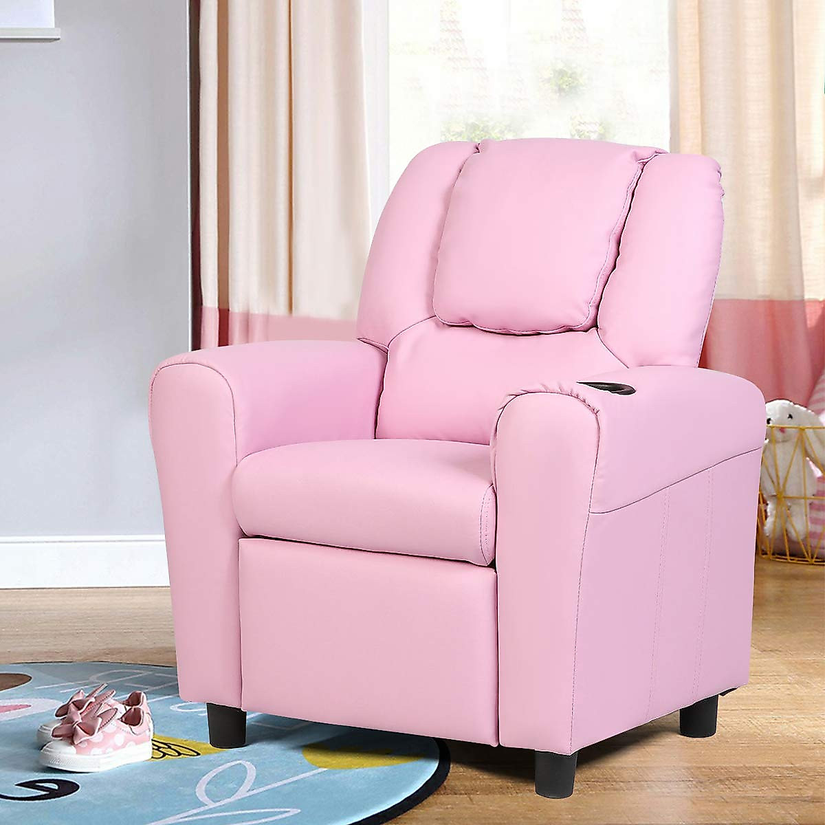HONEY JOY Kids Recliner, 2-in-1 Toddler Armrest Sofa Couch with Cup Holders, Adjustable Footrest, PU Leather, Child-Size Recliner Chair for Boys Girls Age 3+ (Pink)