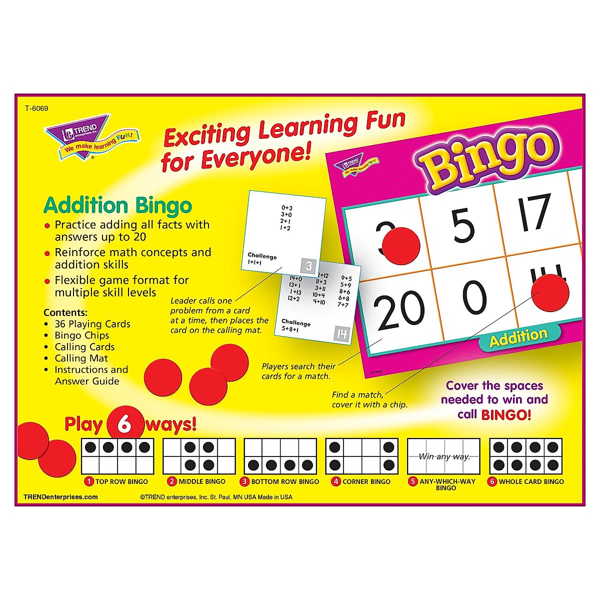 Trend Enterprises: Addition Bingo Game, Exciting Way for Everyone to Learn, Play 6 Different Ways, Great for Classrooms and at Home, 2 to 36 Players, for Ages 6 and Up