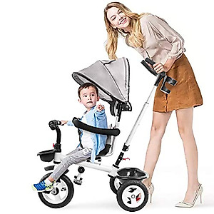 4 in 1 Kids Tricycle, Toddler Tricycle for Children Aged 1 to 5 Years Old, Baby Tricycle with Adjustable Canopy/Safety Seat/Storage Basket/Foot Pedals/Cup Holder (Gray)