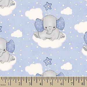 Flannel Comfy Cutest Baby Elephant Cloud Blue Fabric AE Nathan Sold by The Yard L