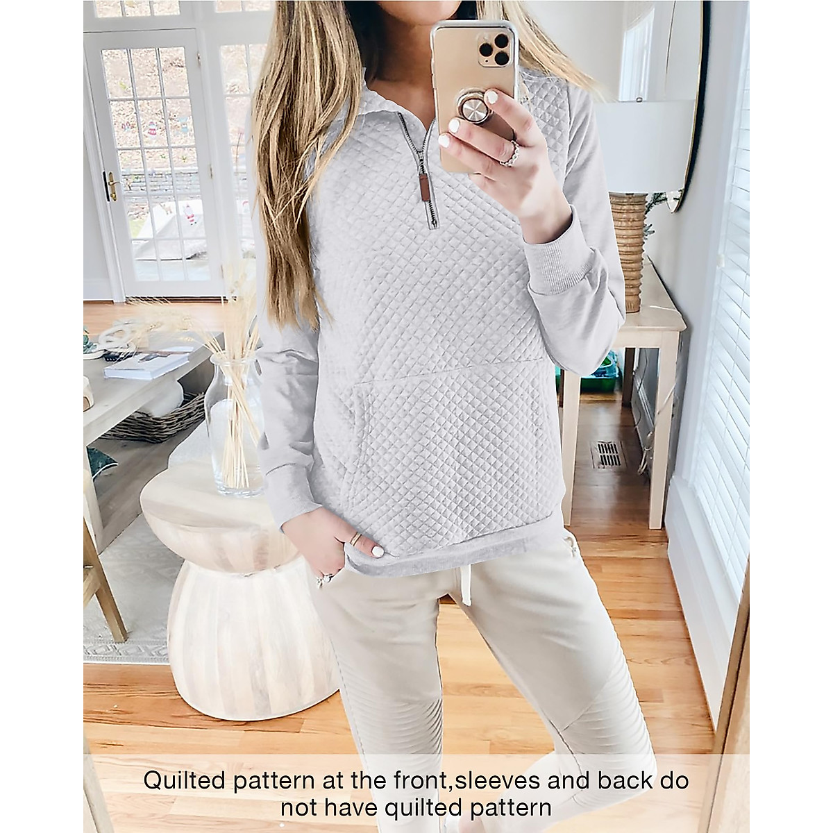 BTFBM Women Fashion Quilted Pattern Lightweight Zipper Long Sleeve Plain Casual Ladies Sweatshirts Pullovers Shirts Tops (White, X-Large)