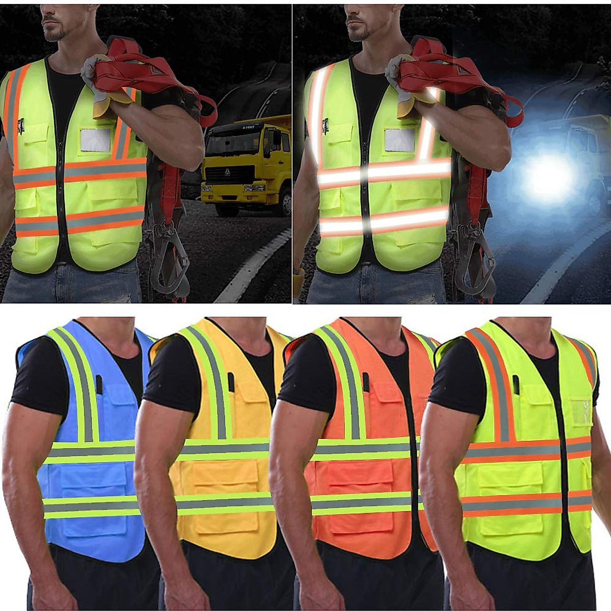 YOWESHOP High Visibility Reflective Safety Vest Customize Logo With 5 Pockets Hi Vis Vest Outdoor Protective Workwear (Black - green webbing (L))