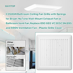 MAYITOP C350GN Bathroom Vent Cover With Springs Replacement Bathroom Ceiling Fan Grille Cover For Broan-NuTone C350GN Grille for NuTone 695 and 696N Ventilation Fan (White) 8.75" x 9.125"