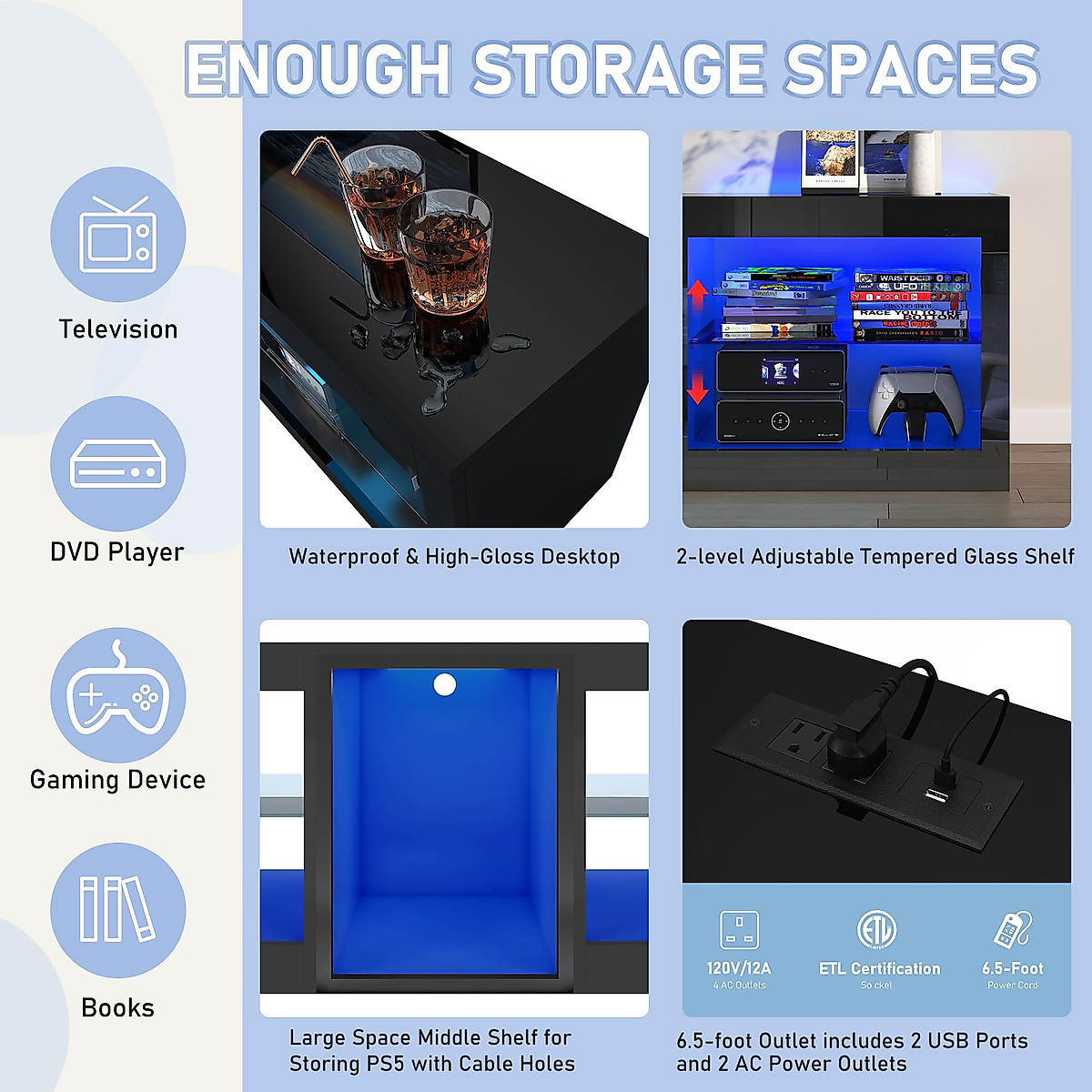 Vinctik 6&Fox High Gloss LED TV Stands w/Power Outlet,60,000-Colors Lighting for 55 60 65inch TV,Modern Black LED Entertainment Center w/Adjustable Glass Shelves for Living Room Gameroom Bedroom