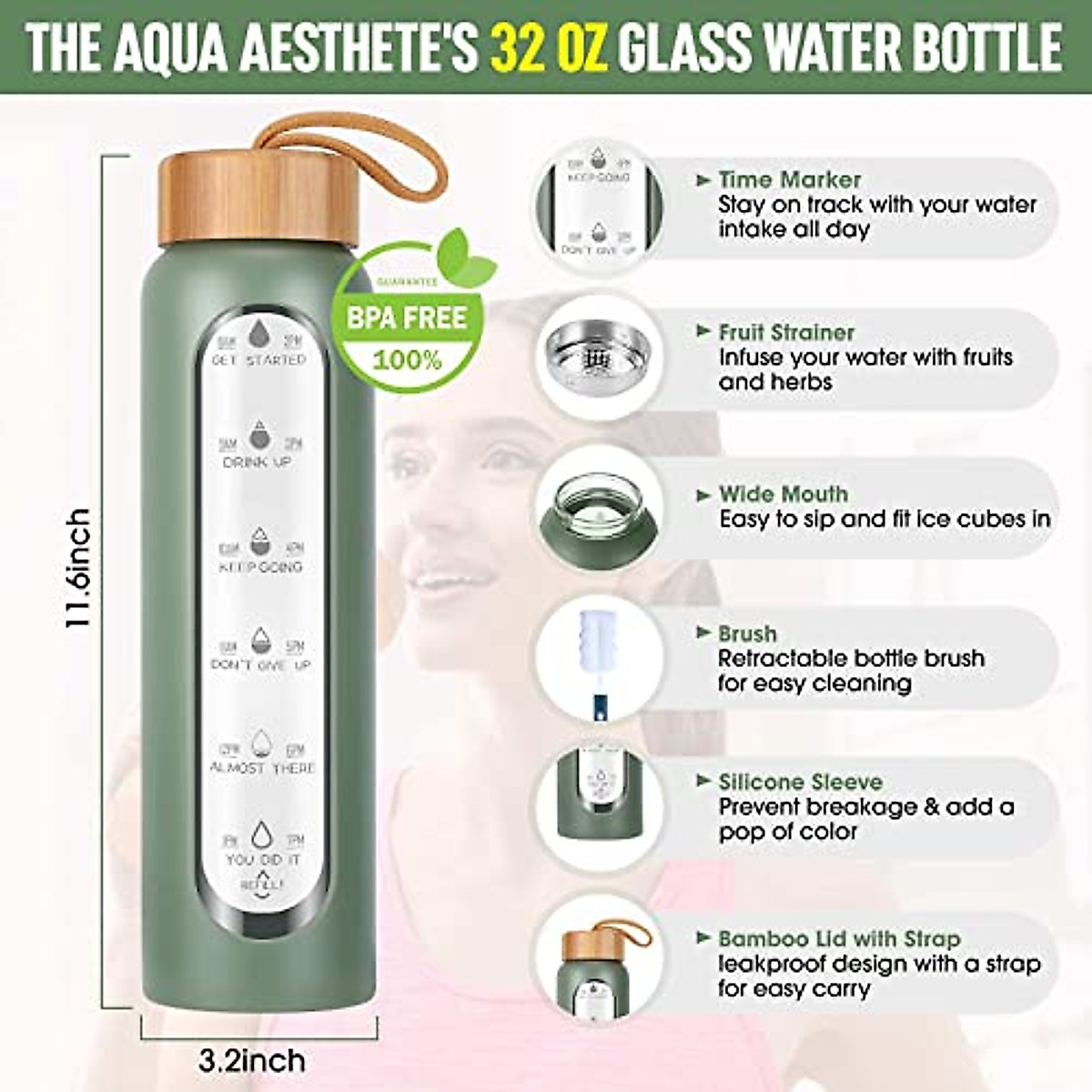 Aqulea 32 Oz Borosilicate Glass Water Bottle with Times to Drink | BPA Free - Reusable Wide Mouth Motivational Water Bottles with Infuser & Silicone Sleeve with Time Marker