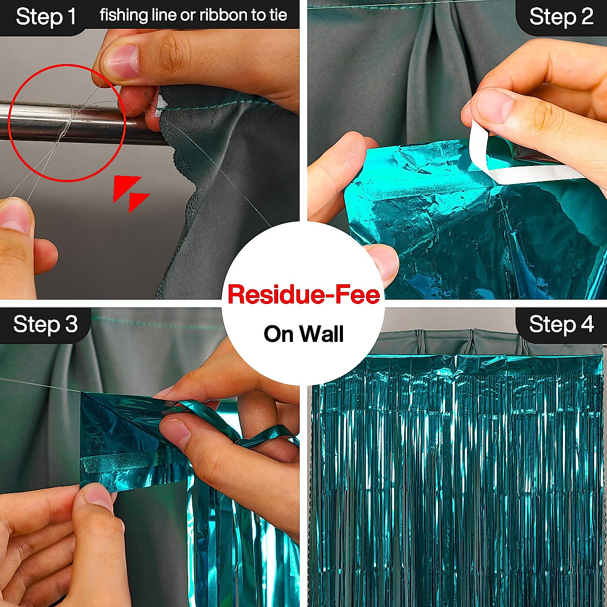 PartyWoo Foil Curtain 2 pcs, 3.3x6.6 ft Metallic Peacock Blue Tinsel Curtains, Backdrop Curtain, Foil Fringe Curtains, String Curtain, Birthday Decorations, Party Backdrop, Wedding Backdrop