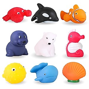 XY-WQ Bath Toys No Hole, for Infants 6-12& Toddlers 1-3, No Hole Bathtub Toys (Sea Animals, 9 Pcs with Mesh Bag)
