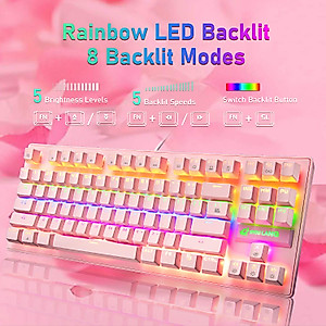 Pink Mechanical Gaming Keyboard Blue Switch Mini 87 Keys Wired Rainbow LED Backlit Keyboard Professional Lightweight Gaming Mouse Gaming Mice Pad for Gamers and Typists