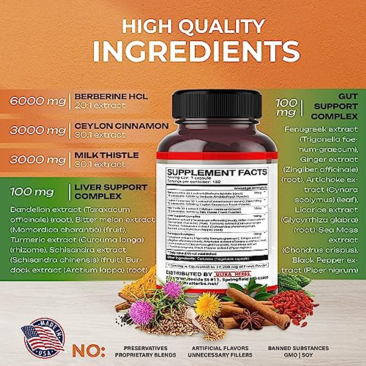 Ultra Herbs Premium Berberine 12,200MG with Cinnamon, Milk Thistle *USA Made & Test* Promotes Liver Function, Gut Health, Immunity (150 Count (Pack of 1))
