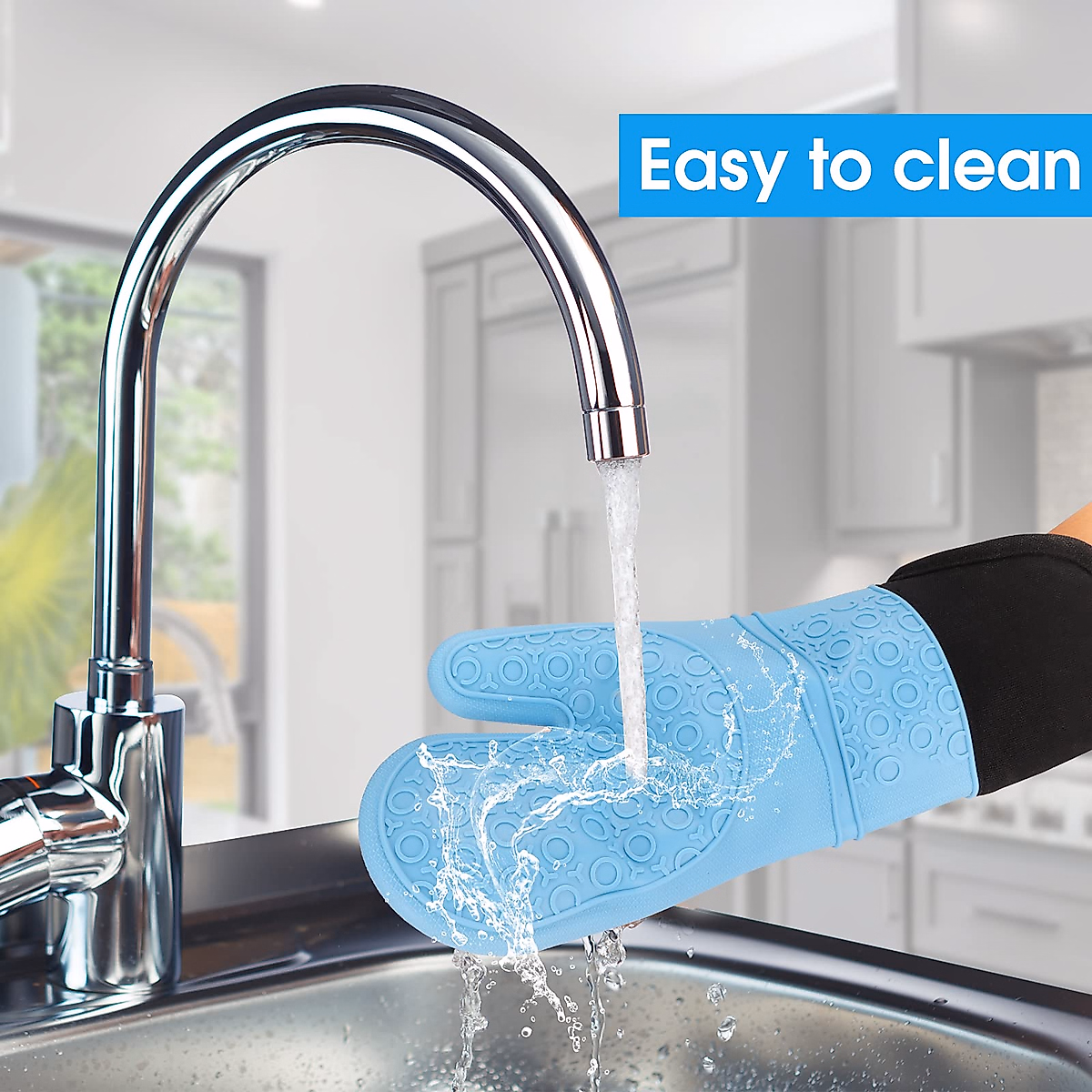 Silicone Oven Mitts and Pot Holders Sets, Extra Long Professional Heat Resistant Oven Gloves with Hot Pads, Quilted Liner, Non-Slip Textured Grip Safe for Kitchen Baking Cooking , 4-Piece Set (Blue)