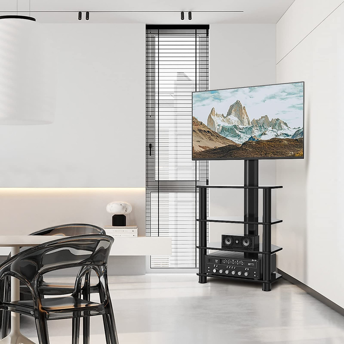 Rfiver Swivel TV Stand with Mount for 32"-70" Flat Screen, Slim Corner Entertainment Floor TV Mount with 4-Tier Tempered Glass Media Shelves, Height Adjustable and Cable Management