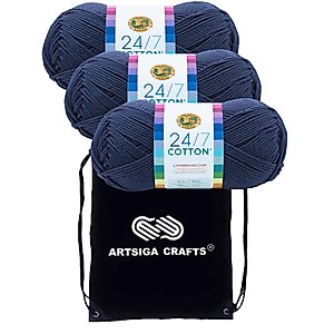 Lion Brand 24/7 Cotton Navy 761-110 (3-Skeins - Same Dye Lot) Worsted Medium #4 Cotton Yarn for Crocheting and Knitting with Project Bag