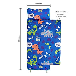 EVERYDAY KIDS Nap Mat with Removable Pillow - Roarin' Dinos - Carry Handle with Straps Closure, Rollup Design, Soft Microfiber for Preschool, Daycare, Travel Sleeping Bag - Ages 3-6 Years