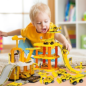 TOY Life Construction Toys Set - Toy Construction Vehicles with Toy Trucks for 3 4 5 6 Year Old Boys - Toy Car Garage Construction Trucks for Kids Construction Toys with Race Track