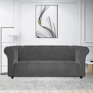 Easy-Going Stretch Velvet Chesterfield Style Couch Slipcover for Living Room, Soft Non-Slip Sofa Cover Furniture Protector for Dogs (Sofa, Gray)