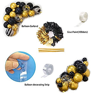 LFVIK Black Gold Birthday Decorations Background&4 Sizes Balloons Garland Black Gold Party Set,Birthday Banner,Crown Balloons,Silver Curtains,Tassel,Gold Confetti Balloons,for Women Men Birthday Party