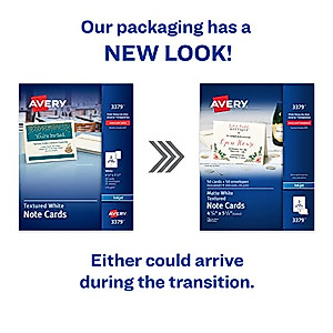 Avery Printable Note Cards, Inkjet Printers, 50 Cards and Envelopes, 4.25 x 5.5, Heavyweight, Textured (3379) for Birthday