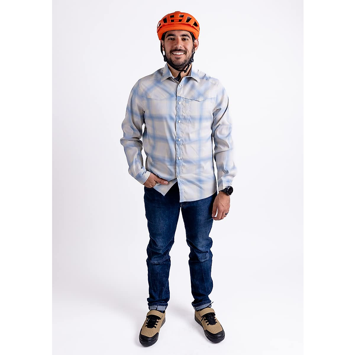 Club Ride Apparel Go Long - Men's Flannel Long Sleeve Shirt - Cream n Blue - L