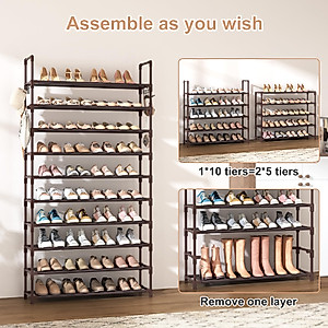 VTRIN 10 Tiers Shoe Rack Tall Large Capacity 50 Pairs Wide Shoe Organizer Sturdy Shoe Shelf for Entryway with Two Hooks Metal Shoe Storage for Closet, Bedroom, Brown