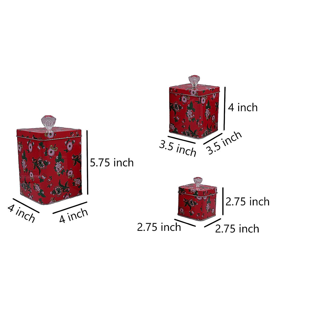 hadaaya Square Red Tin Can Empty Cube Steel Box Storage Container with Crystal Knob for Powder Treats, Gifts, Favors, Loose Tea, Coffee and Crafts, Mini Portable Small Storage Kit, Valentine Day Gift