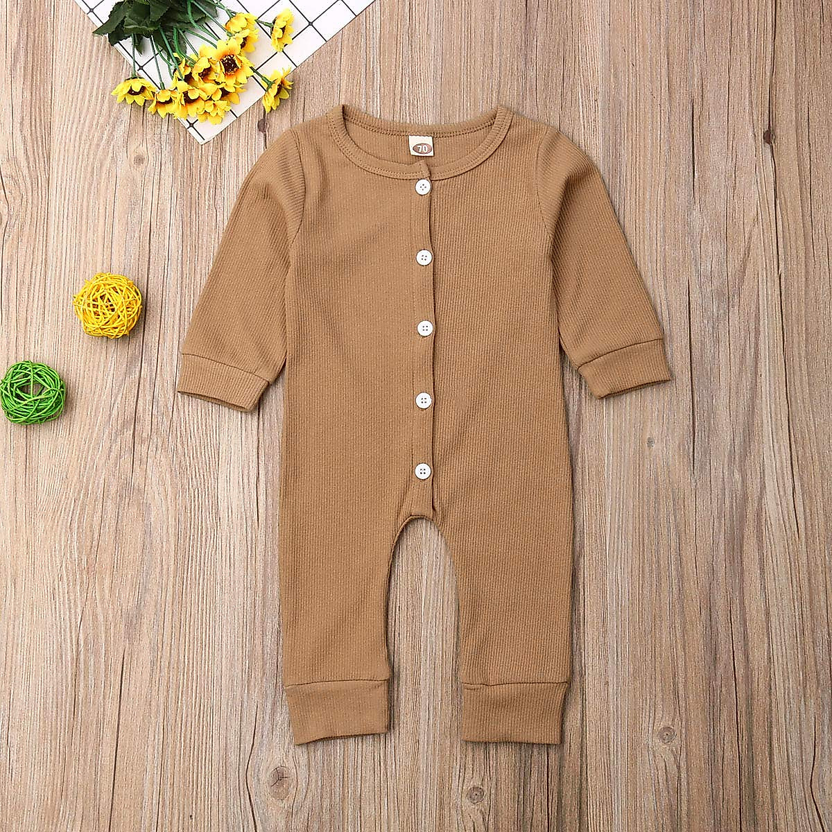 Kuriozud Newborn Infant Unisex Baby Boy Girl Long Sleeve Button Solid Knitted Romper Bodysuit One Piece Jumpsuit Summer Outfits Clothes (Long Sleeve Jumpsuit Brown, 0-3 Months)