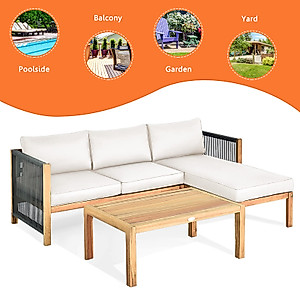 Tangkula L Shape Outdoor Furniture Set, 3 Piece Acacia Wood Patio Conversation Set, with 2 loveseats and Coffee Table, Garden Backyard Poolside Patio Seating Set (White)