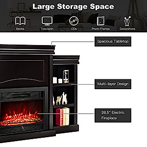 Tangkula 70" Mantel Fireplace, 750W/1500W Electric Fireplace w/Mantel & Built-in Bookshelves, 28.5-Inch Electric Fireplace w/Remote Control, 1-8H Timer, Adjustable Flame Brightness & Color (Black)