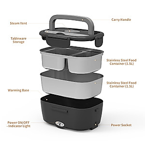 Geveniss Electric Lunch Box for Men, Women, Adults - 80W Fast Heating Lunch Box (12V/24V/110V) - Heated Lunch Box with Dual 1.5L SS Containers - Portable Food Warmer for Car, Truck, Office Use