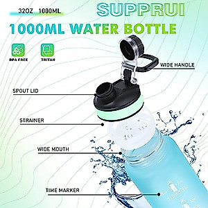 SUPPRUI Water Bottle 34 oz,Motivational Drink Bottle with Time Marker,Leak-proof Drink Bottle BPA Free Non-Toxic for Running,Cycling & Gym(Pink)