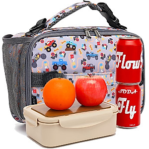 FlowFly Kids Lunch Bag, Durable Insulated School Lunch Box with Shoulder Strap and Bottle Holder, Water-resistant Thermal Small Lunch Cooler Tote for Teen Boys & Girls,Truck
