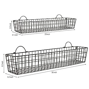 MyGift Country Rustic Wall Mounted Metal Wire Storage Basket Display Floating Shelves, 30 and 23-Inch Narrow Hanging Baskets, Set of 2