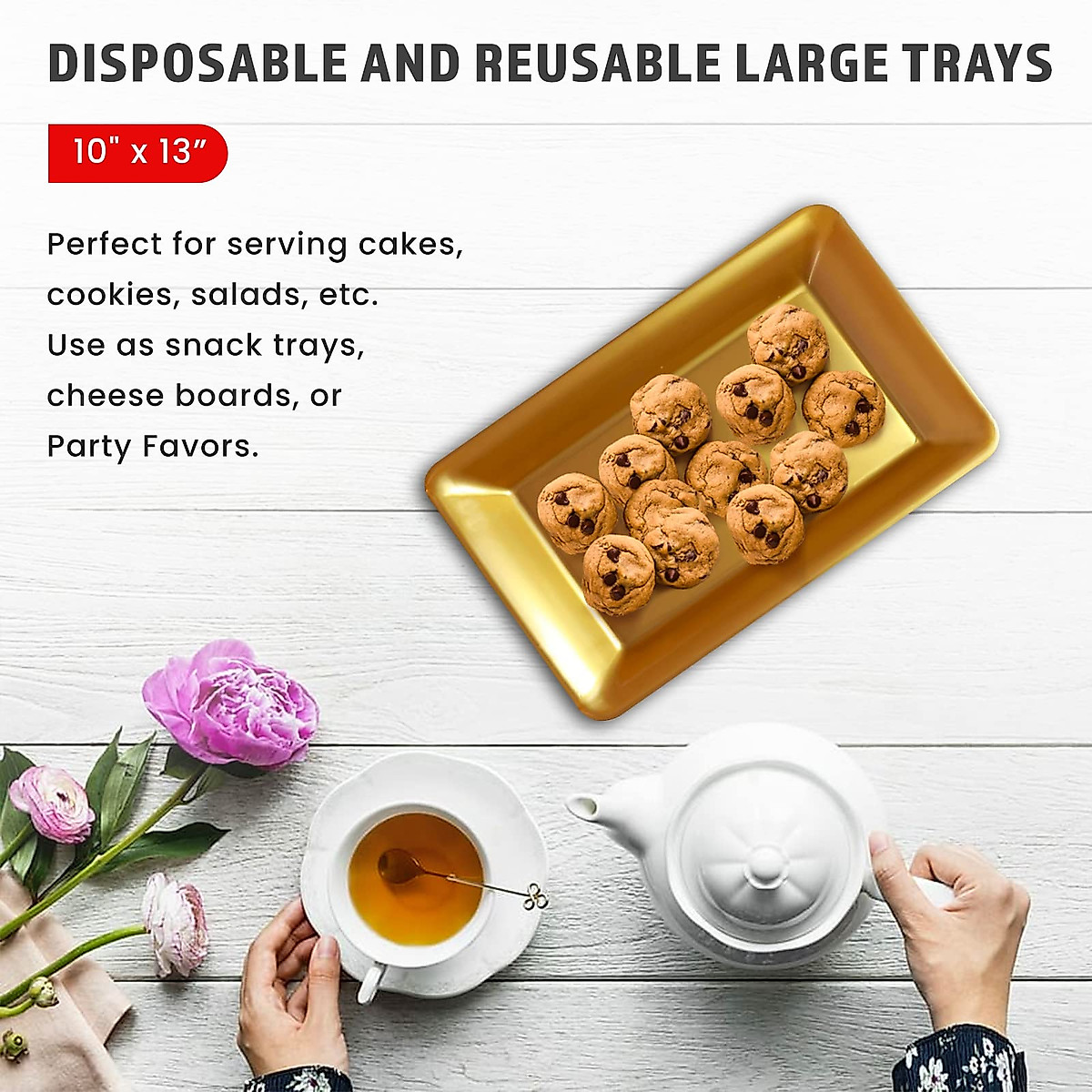 Yumchikel Plastic Serving Tray Set, Hard Plastic Serving Platters for Serving Food, Gold Serving Trays for Parties, Weddings, Food Trays for Party Buffet, Dessert Tables, 10" x 14", 4 Pack