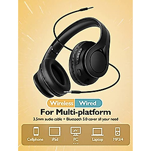 60Hrs Wireless Headphones Over Ear, BT5.0, Wireless Headphones with Microphone, Stereo Headphones with Deep Bass, Foldable Lightweight Wired Wireless Headphones for TV PC Laptop Kids Home Office
