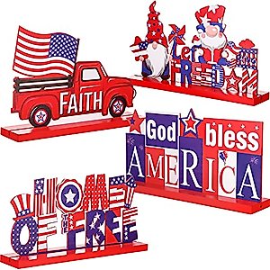 4 Pieces Patriotic Table Decoration 4th of July Wooden Table Centerpiece Independence Day Wood Letter Sign Home of Free God Bless America Table Decoration for Patriotic Party Memorial Day Home Decor
