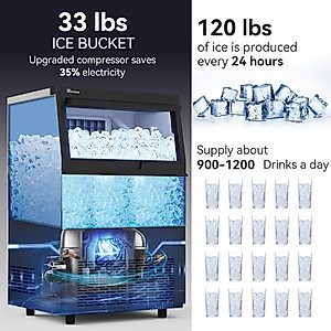 YITAHOME Upgraded Commercial Ice Maker Machine, 120LBS/24H Ice Maker with 33LBS Storage Bin, LCD Panel with Blue Light & Stainless Steel Scoop for Restaurant, Home, Bars, Coffee Shop(40PCS)